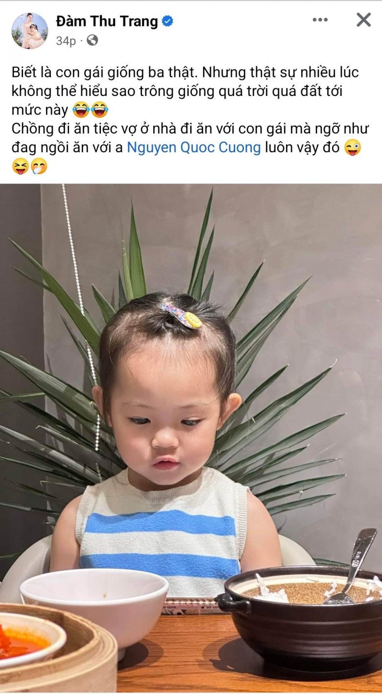 Đàm Thu Trang giật mình vì Suchin quá giống Cường Đô La, con gái như ...